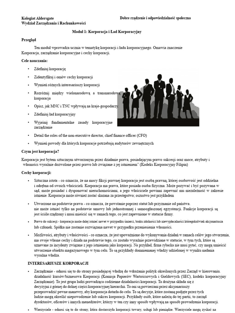 Moduł 1 Korporacja I Ład Korporacyjny | PDF