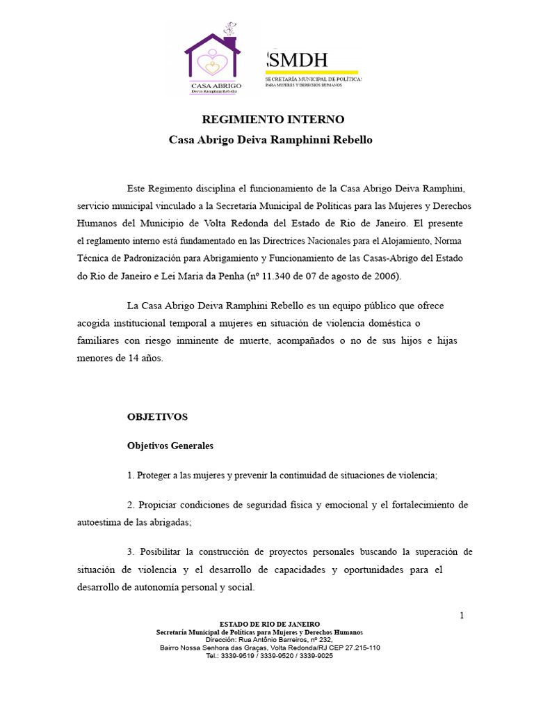 Reglamento Casa Abrigo Deiva Ramphini | PDF | Mujer | Violencia