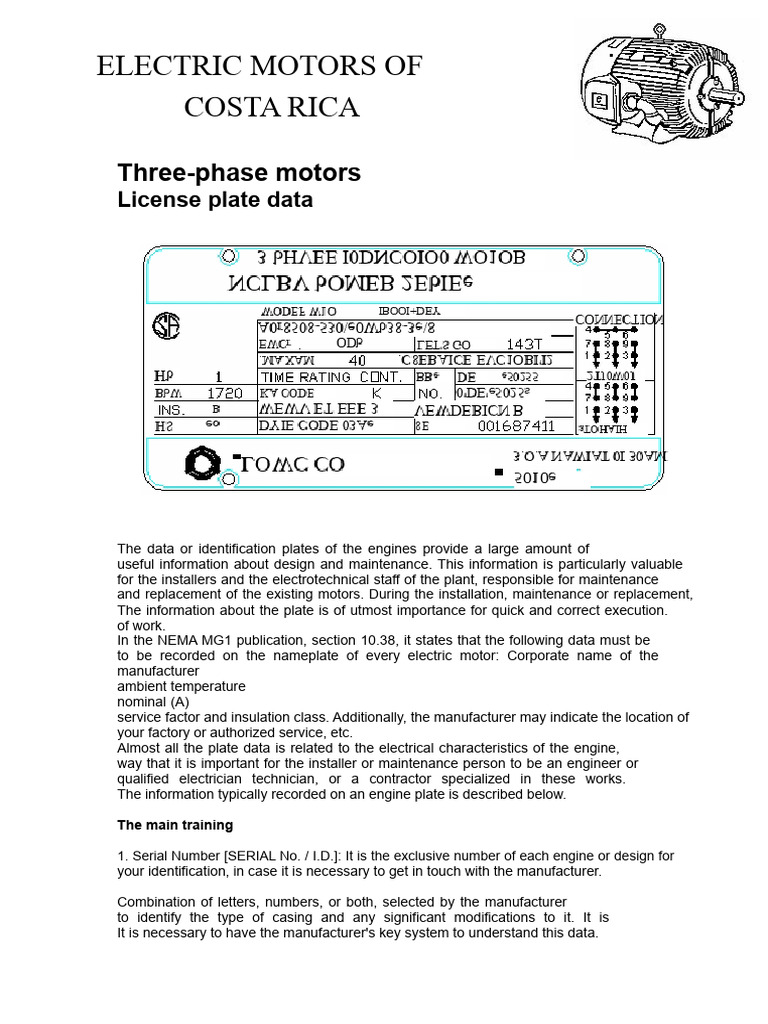 Costa Rica Electric Motor Specifications | PDF | Frequency | Hertz