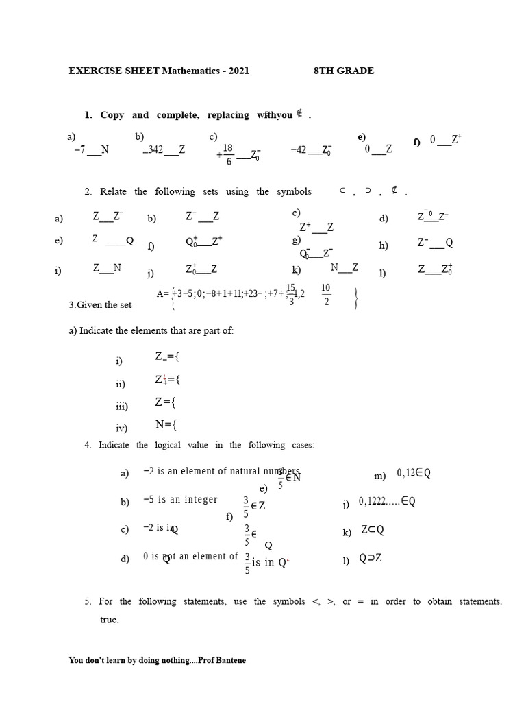 Exercise Sheet 2021 8TH Grade | PDF | Numbers | Subtraction