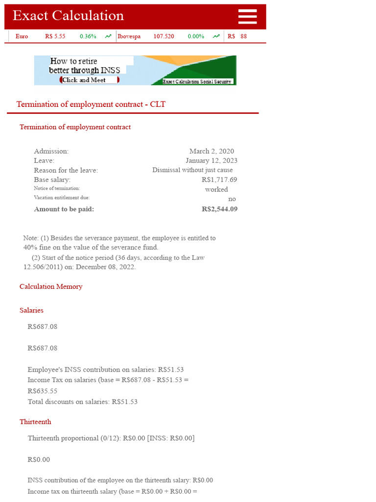 Exact Calculation - Result of Termination of Employment Contract - CLT ...