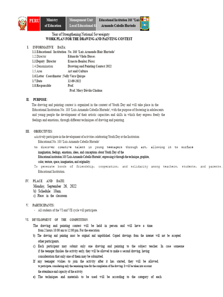 Plan of The Drawing and Painting Contest For Youth Day Lach 2022 | PDF ...