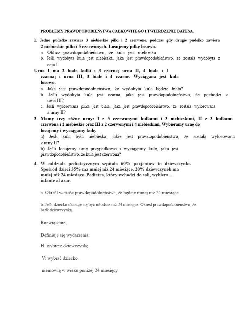 Problemy Z Prawdpodobieństwem Całkowitym I Twierdzenie Bayesa | PDF
