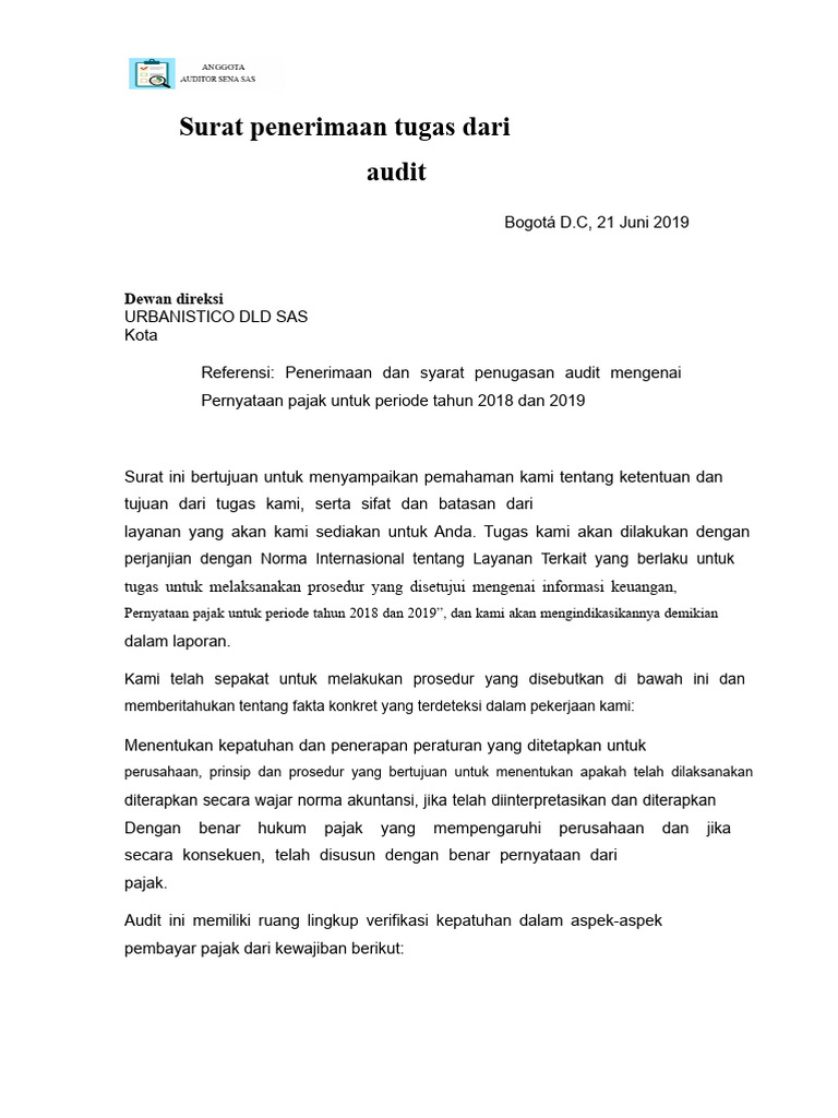 Surat Penerimaan Tugas Audit Pajak 2018-2019 | PDF
