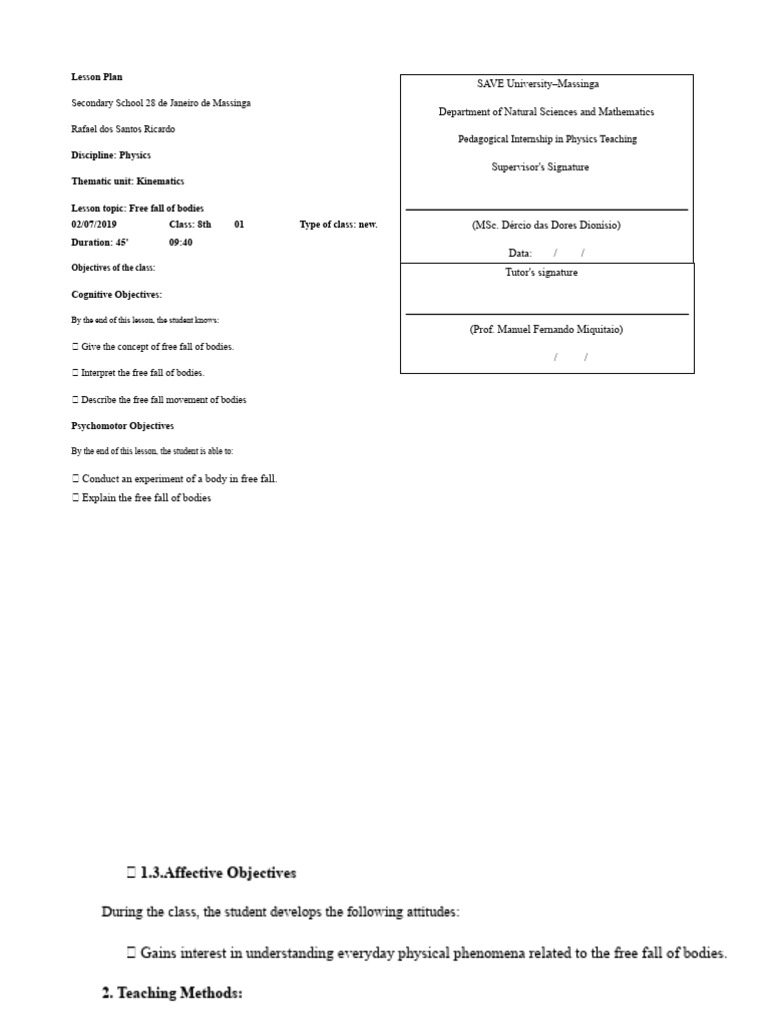 Lesson Plan Free Fall of Objects | PDF | Gravity | Force