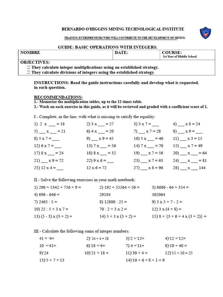 BASIC OPERATIONS GUIDE 1st YEAR | PDF | Multiplication | Integer