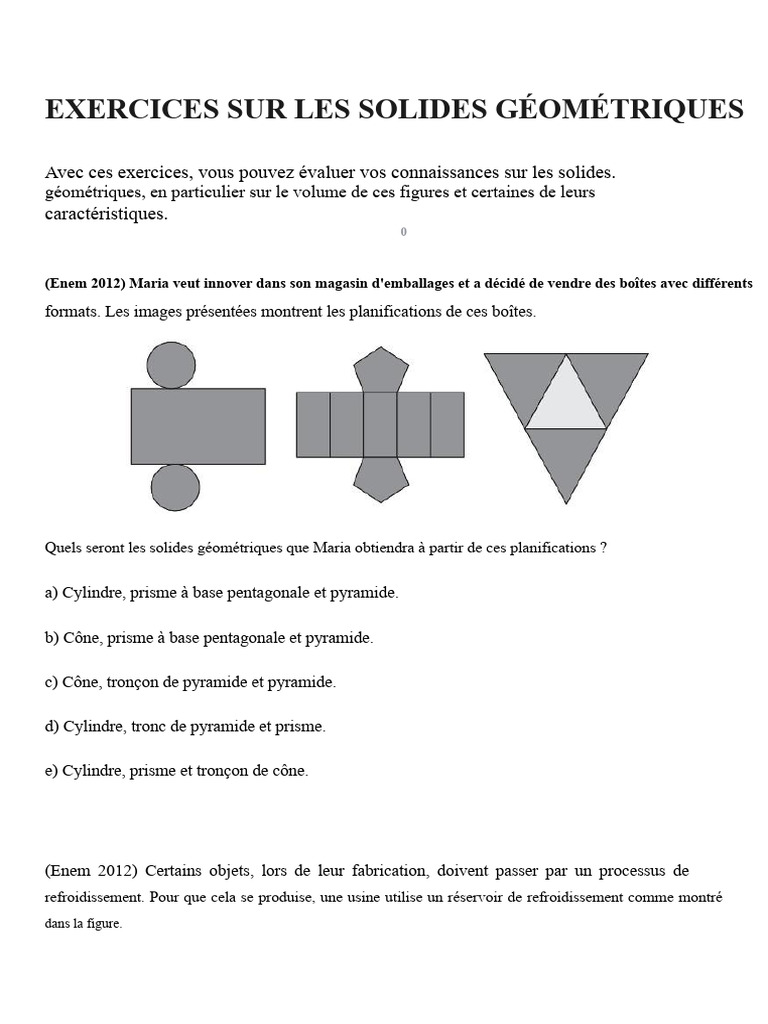 Exercices sur les solides géométriques | PDF | Le volume | Formes ...
