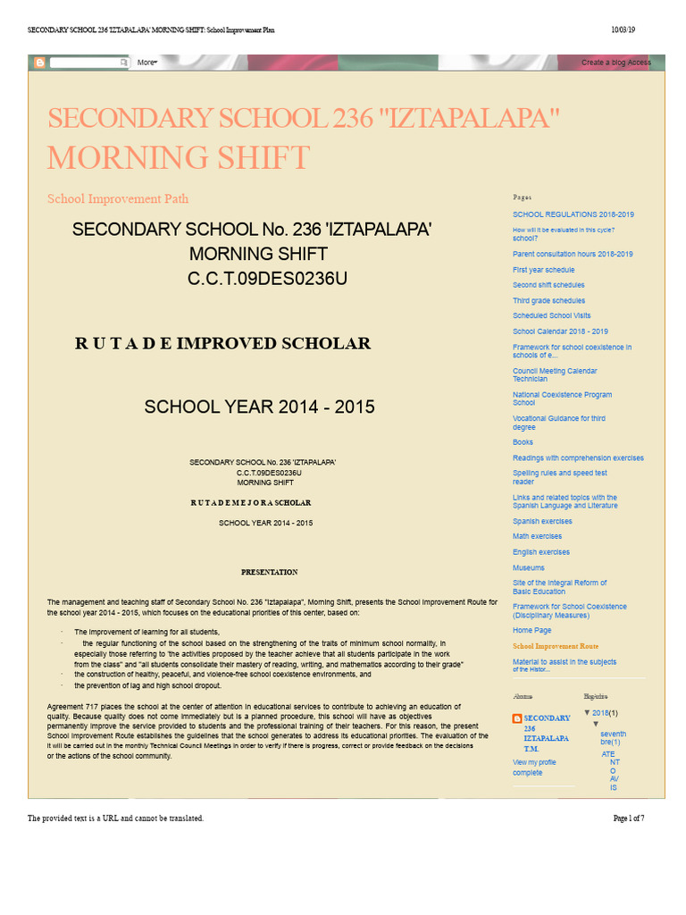 Secondary School 236 "Iztapalapa" Morning Shift: School Improvement ...