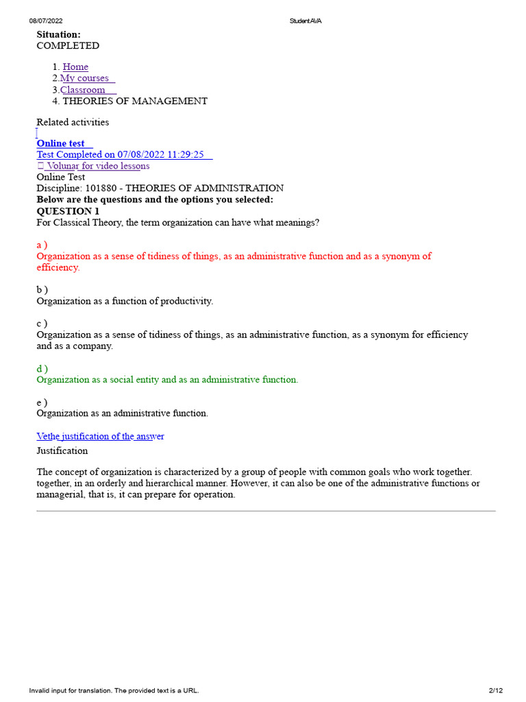 Test AVA THEORIES OF ADMINISTRATION | PDF | Motivation | Motivational