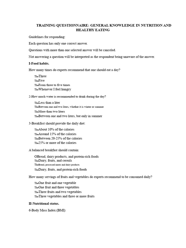 Questionnaire Training General Knowledge in Nutrition and Healthy ...