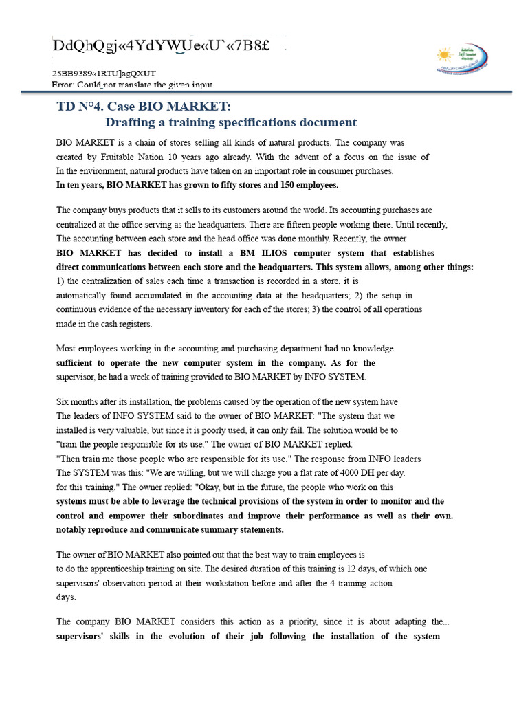 TD N°4. BIO MARKET Case Writing A Training Specifications Document ...