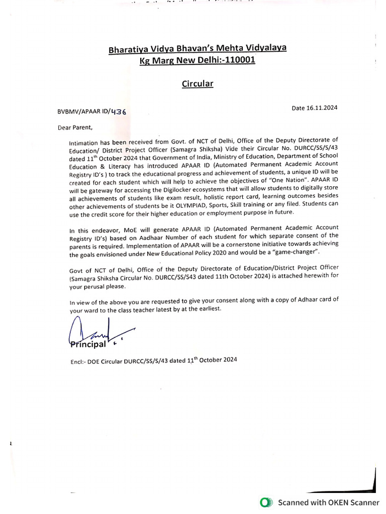 Apaar Id Circular and Consent Form | PDF