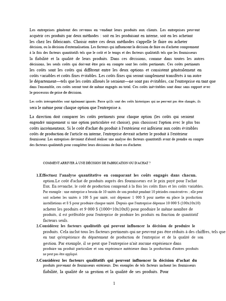 Décision de faire ou d'acheter : Guide complet | PDF | Sous-traitance ...