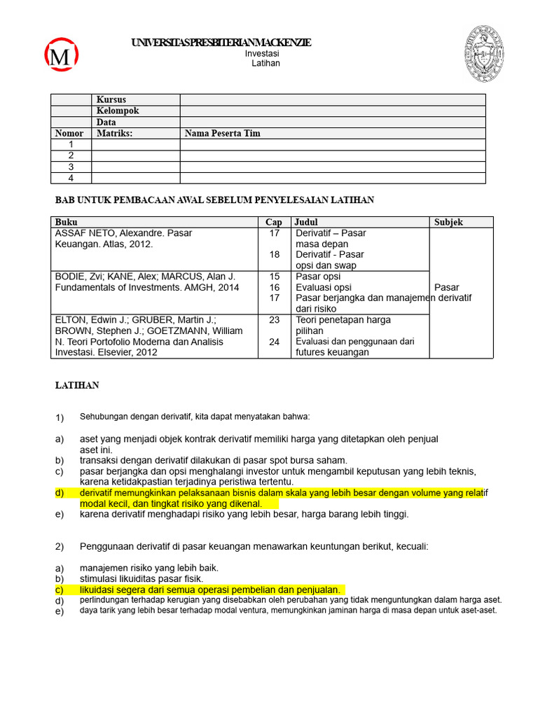 INV Latihan 11 Pasar Derivatif | PDF