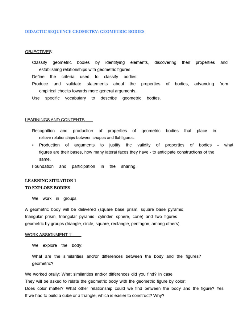 Didactic Sequence Geometry - Geometric Bodies | PDF | Geometry | Shape