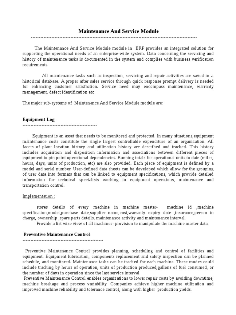 Report On Service and Maintenance Module | PDF | Enterprise Resource ...