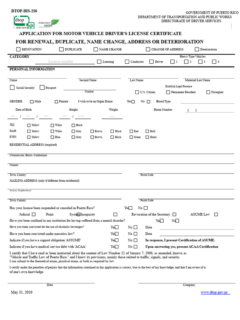 Dtop-dis-256 Application for Driver's License Certificate for Motor ...