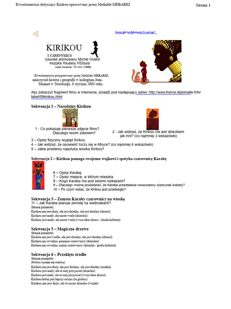 Kwestionariusz Dotyczący Kirikou I Czarownicy | PDF