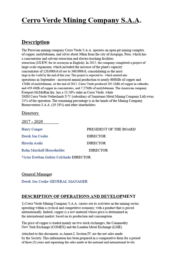 Cerro Verde Mining Company Overview | PDF | Economies