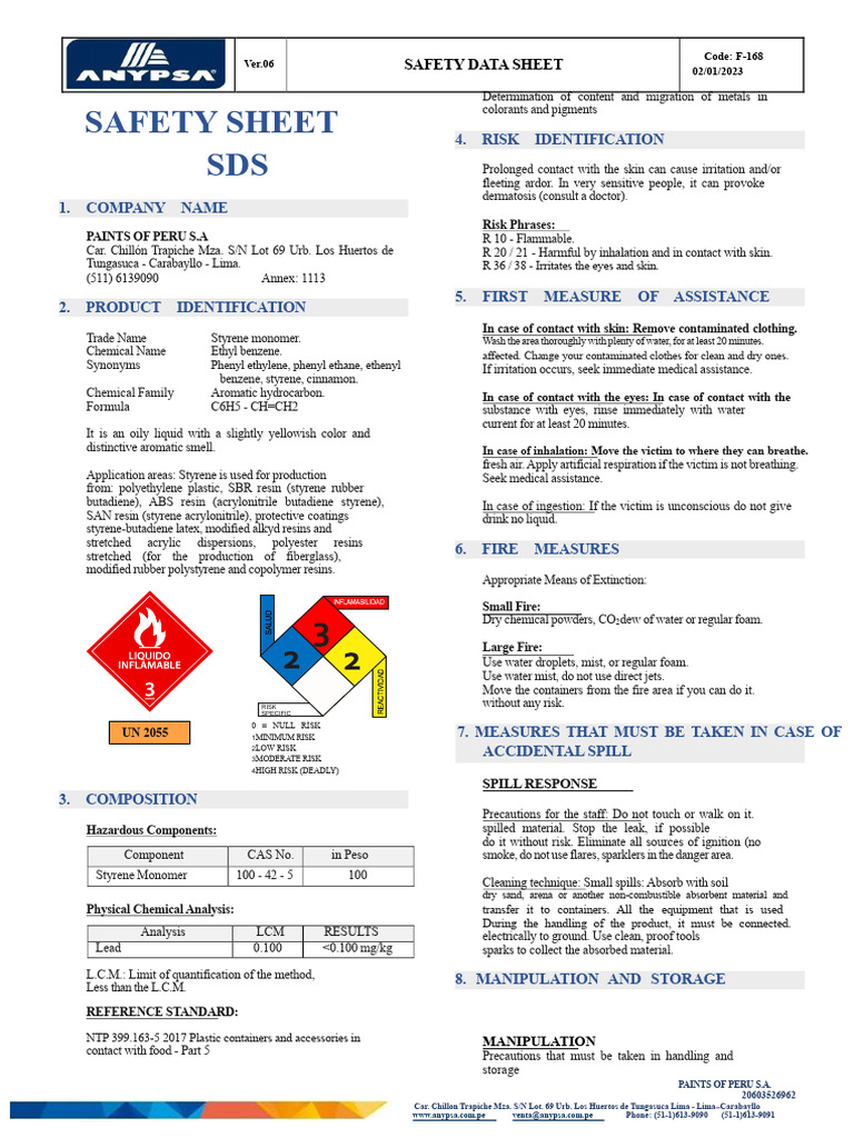 Styrene Monomer Safety Data Sheet | PDF | Benzene | Polystyrene