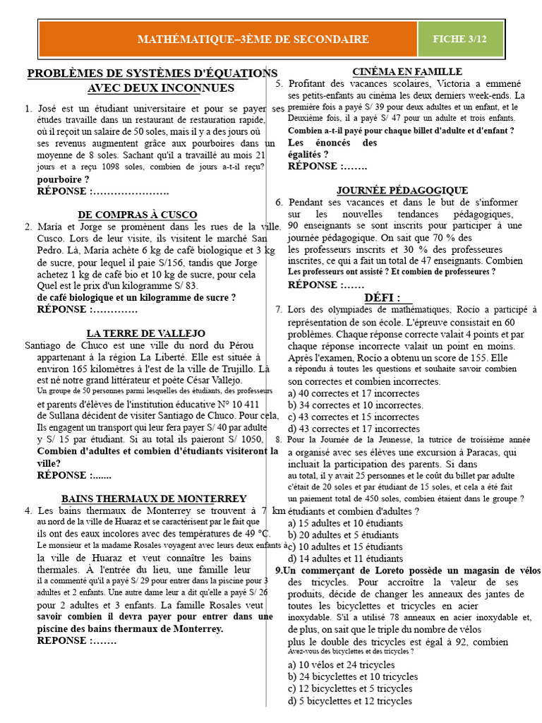 Problèmes de systèmes d'équations 3ème | PDF