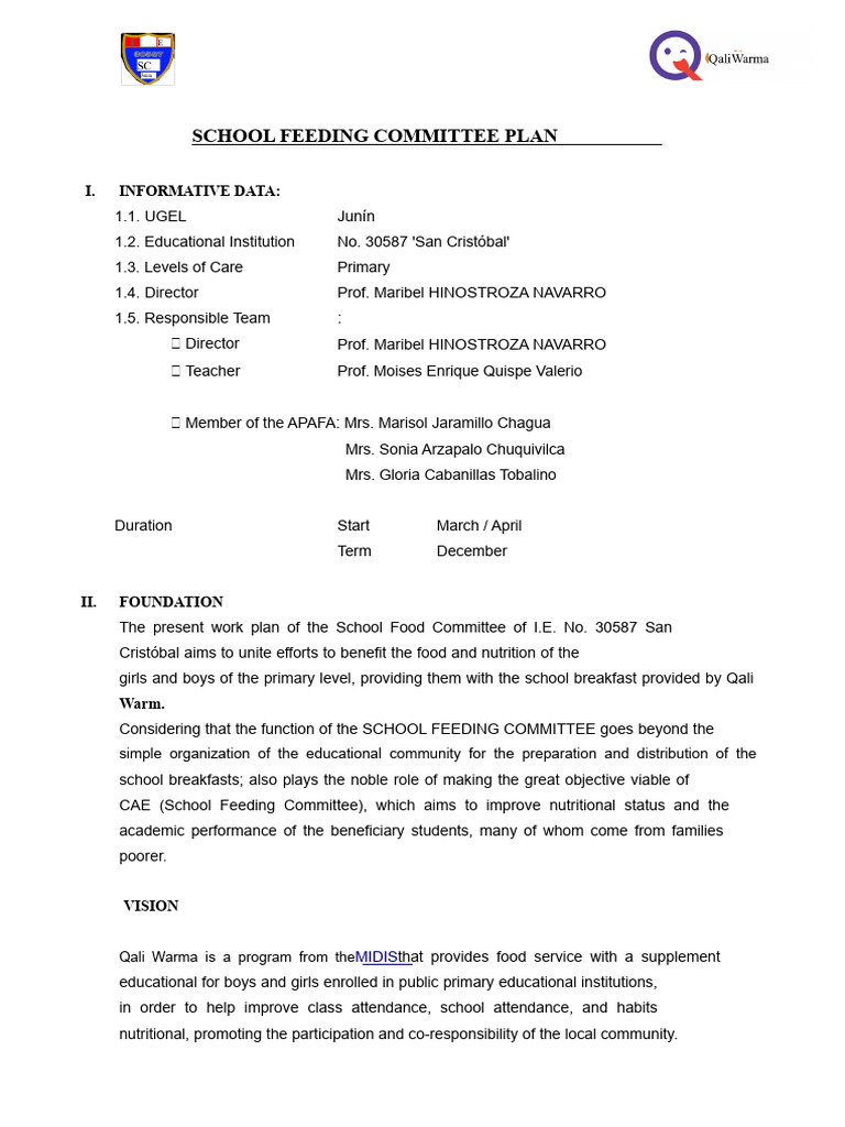 School Feeding Committee Plan Overview | PDF | Malnutrition