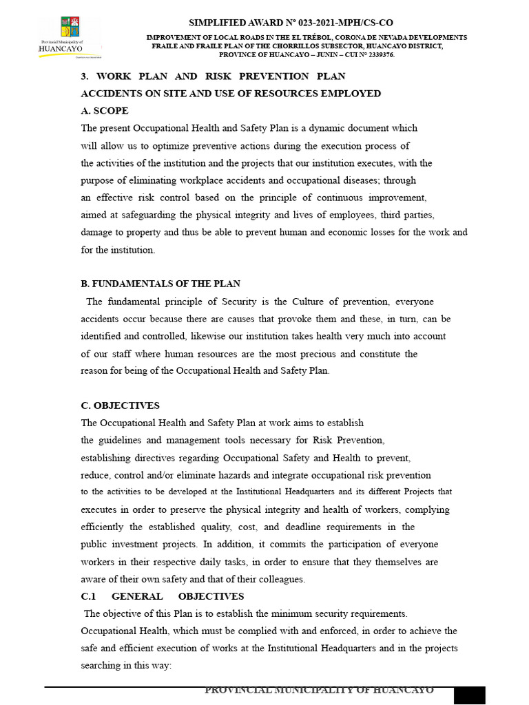 Work Plan and Risk Prevention Plan For Accidents On Site and Use of ...