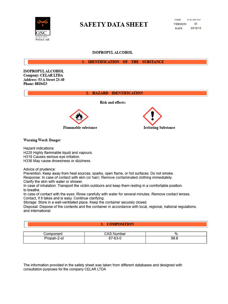 Isopropyl Alcohol Safety Data Sheet | PDF | Waste | Firefighting