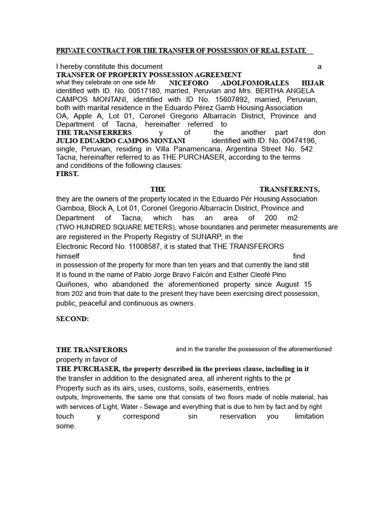 Real Estate Possession Transfer Agreement | PDF | Assignment (Law ...