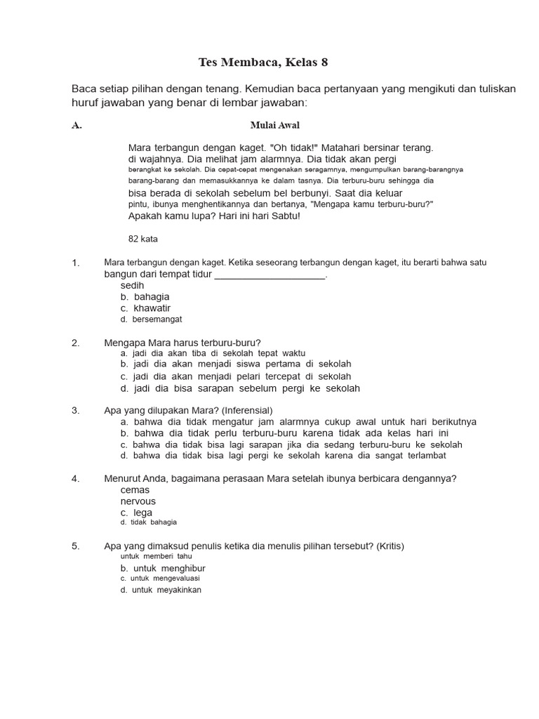 Tes Membaca Kelas 8: Soal dan Jawaban | PDF