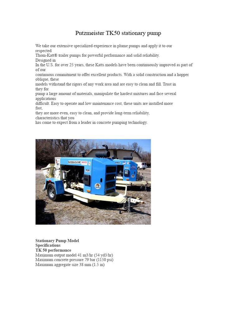 Putzmeister TK50 Pump Specifications | PDF