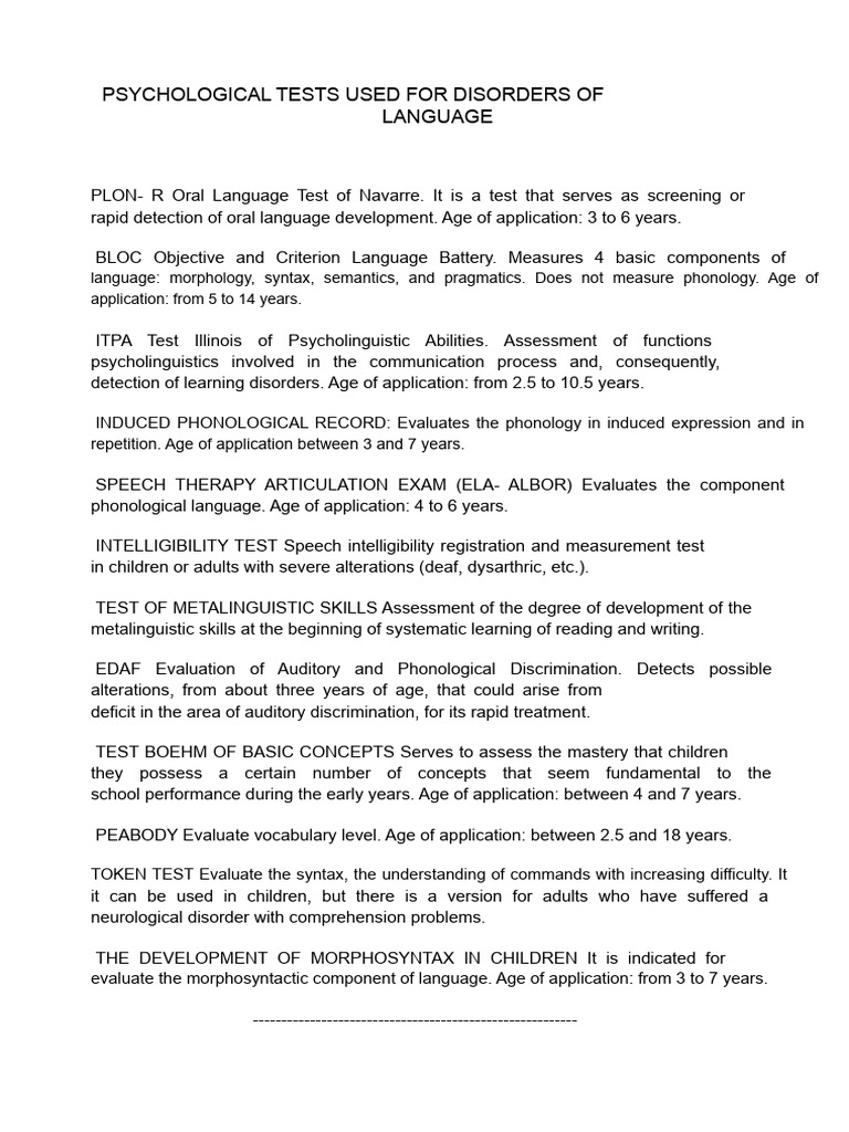 Psychological Tests Used For Language Disorders | PDF