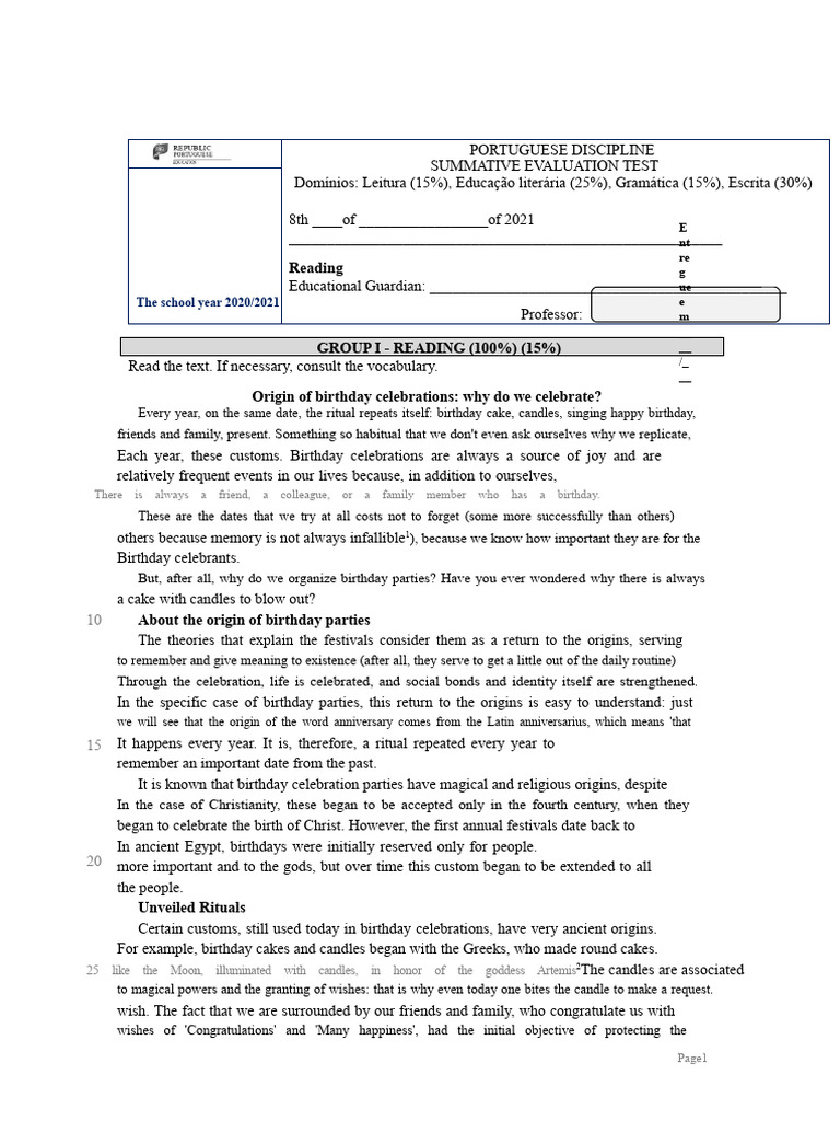 Test 8th Grade Dramatic Text | PDF | Birthdays | Linguistics