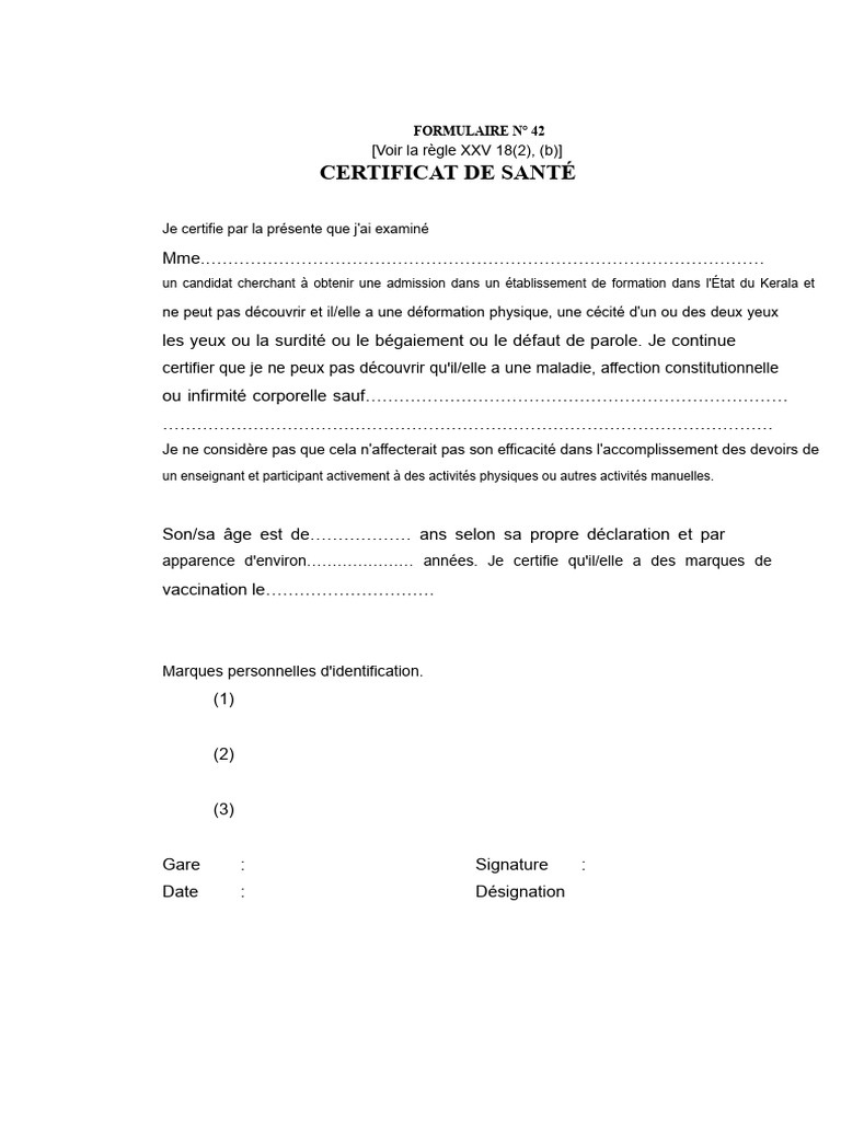 Certificat de santé pour admission Kerala | PDF