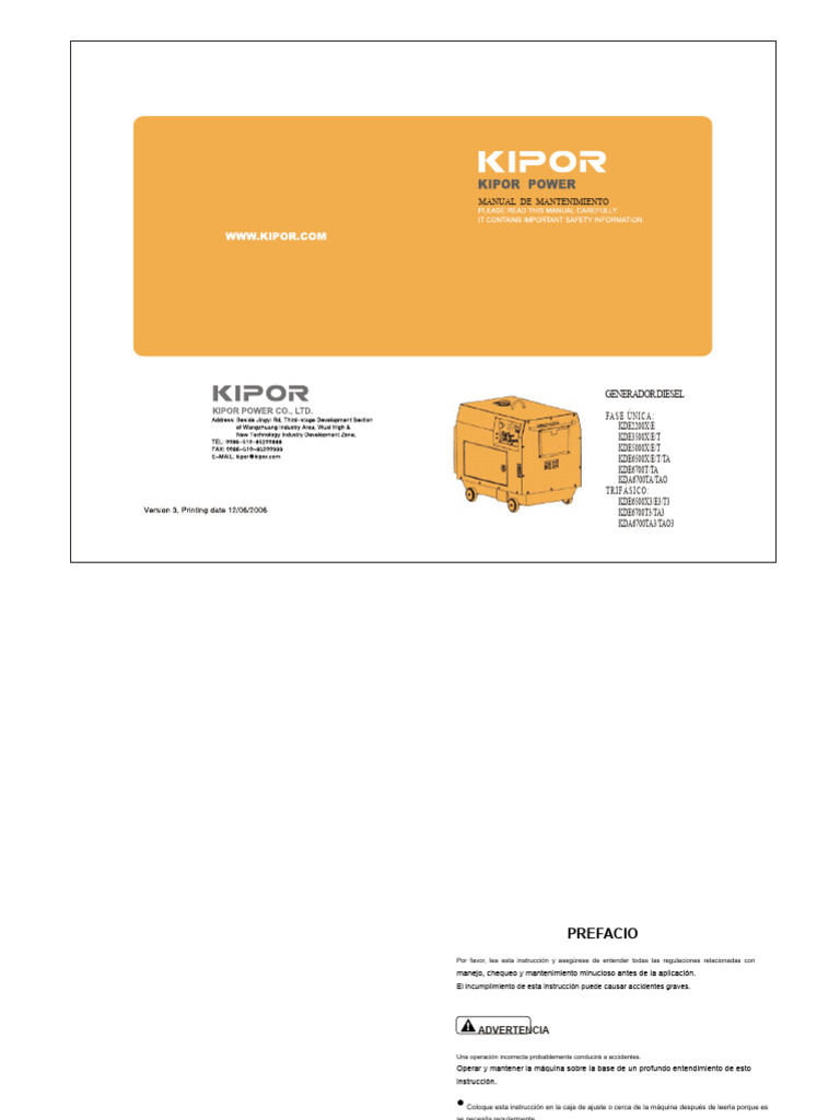 Kipor KDE2200,3500,5000,6500,6700E, X, T, TA Manual de Servicio | PDF | Inductor | Generador ...