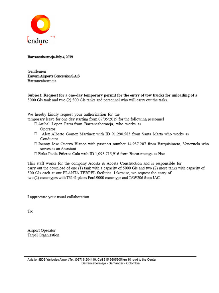 Temporary Permit Request for Tank Unloading | PDF