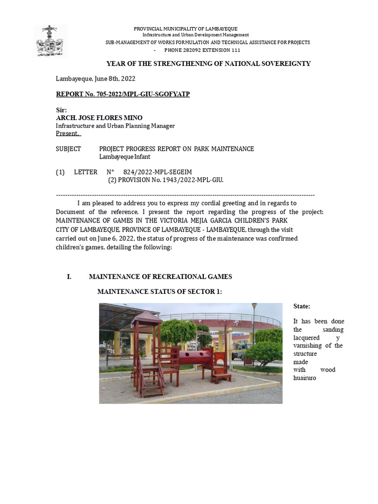 Lambayeque Children's Park Maintenance Report | PDF | Materials