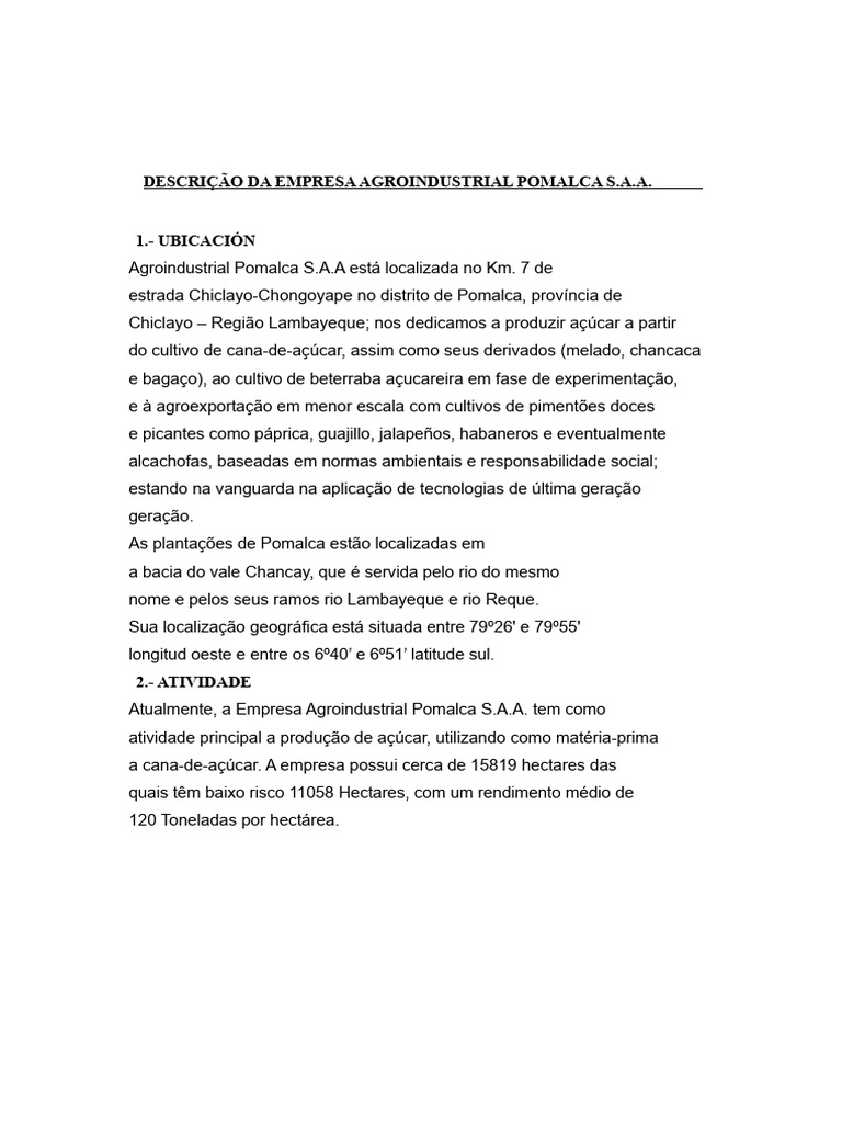 Agroindustrial Pomalca: Produção de Açúcar | PDF | Açúcar | Dieta e ...