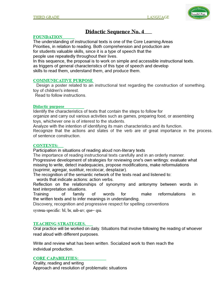 Didactic Sequence No. 4. Instruction | PDF | Reading Comprehension ...