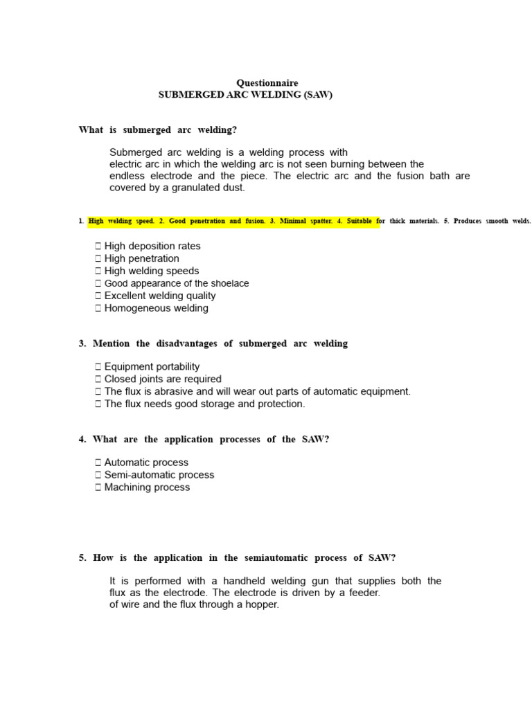 Questionnaire - Submerged Arc Welding | PDF | Welding | Construction