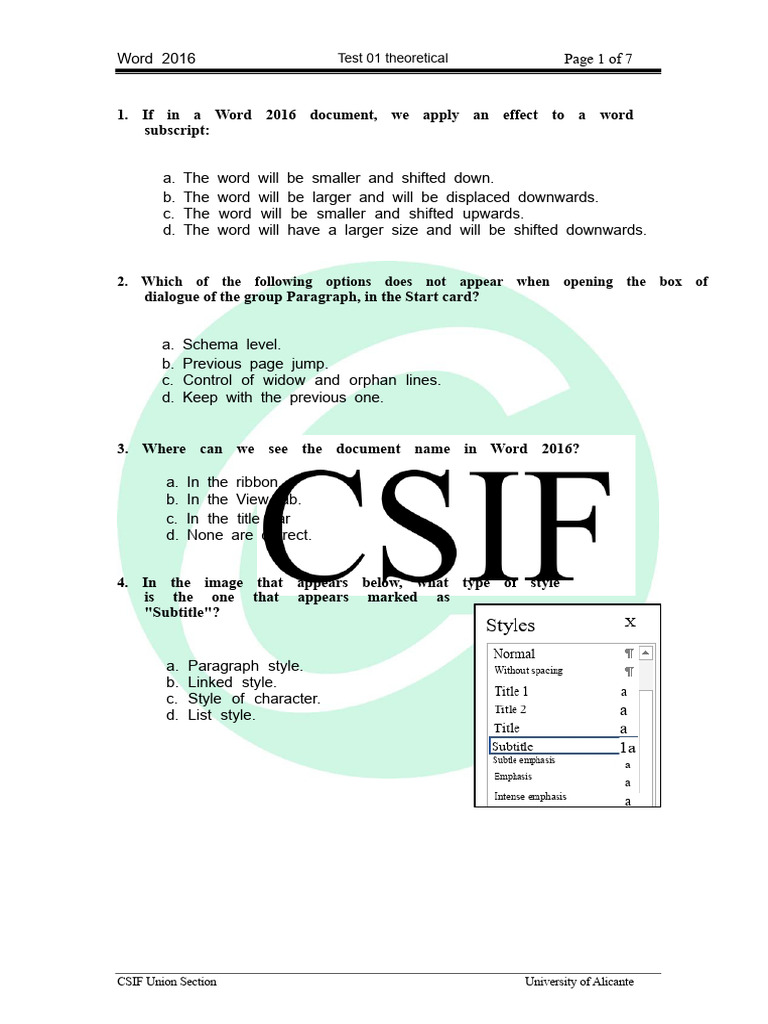 Theoretical Test No 1 Word 2016 | PDF | Paragraph | Text