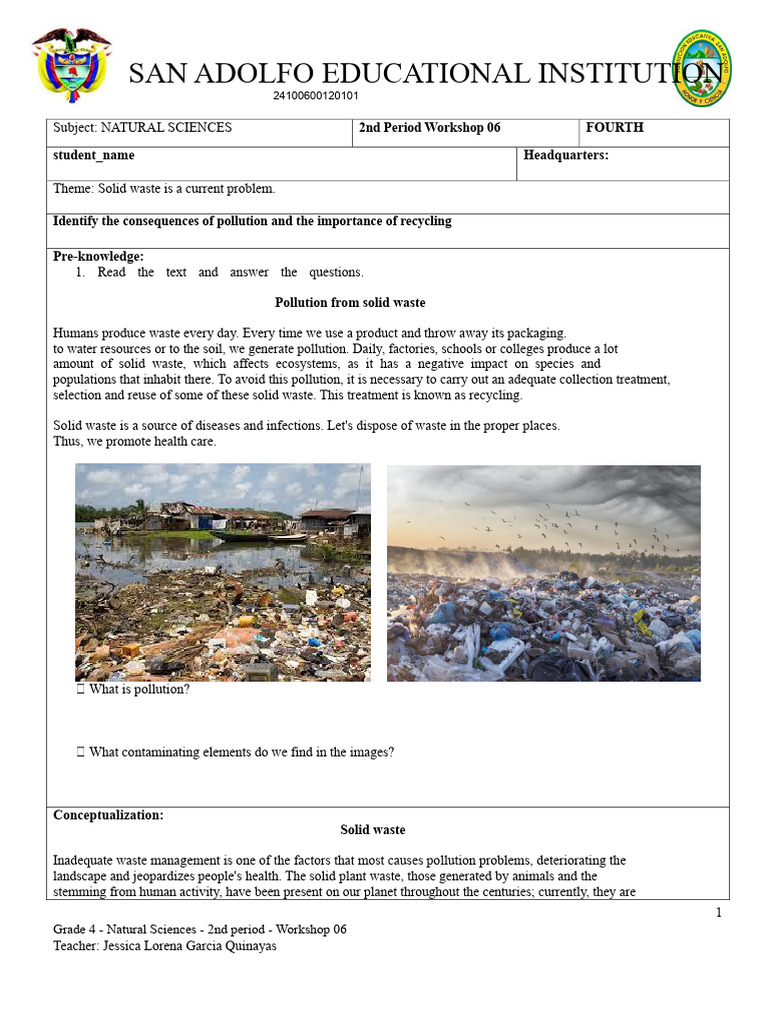 Fourth Grade Natural Sciences Period 2 Workshop 6 | PDF | Waste | Recycling
