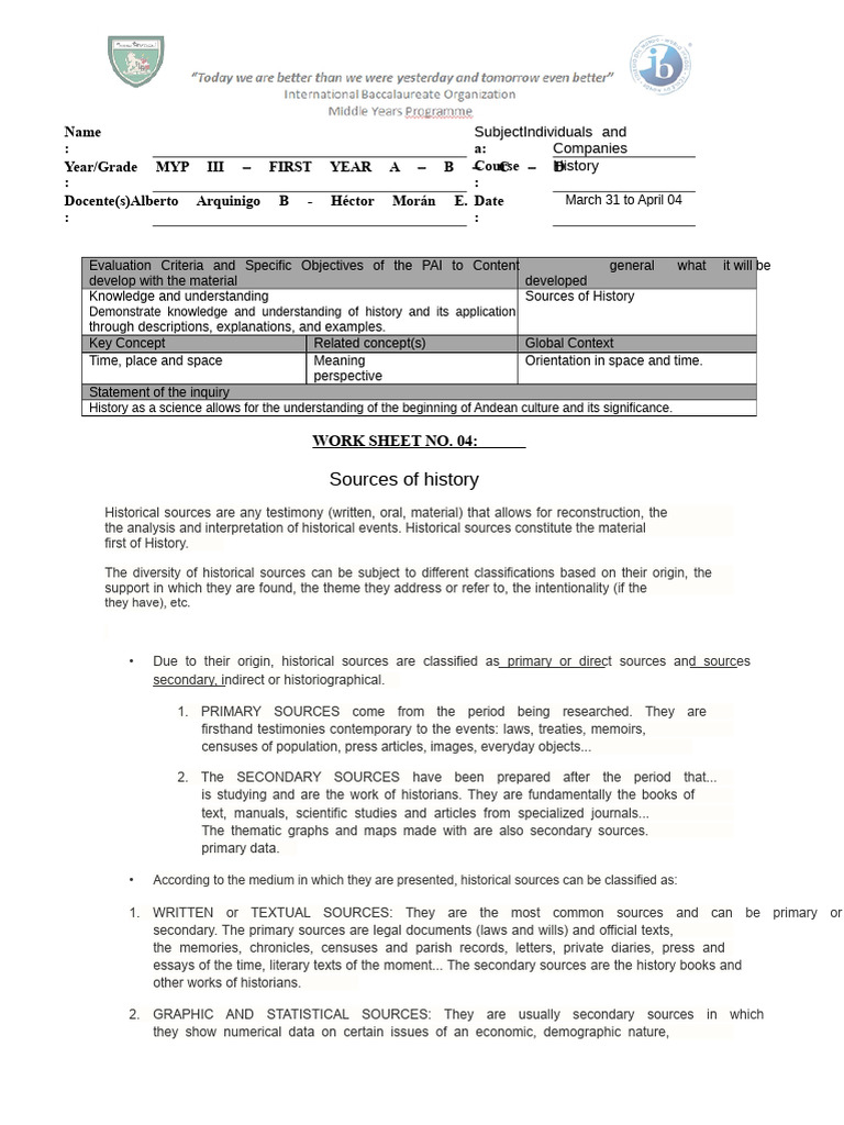 Sheet 4 Sources of History | PDF | Liberal Arts Education