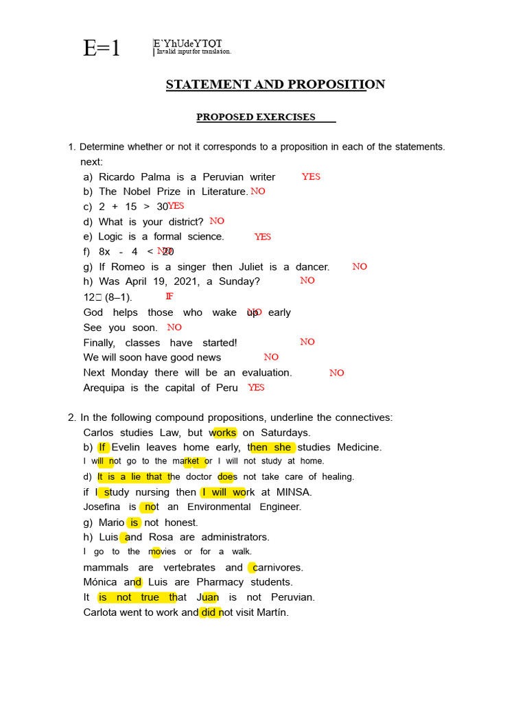 Propositions and Logical Exercises Guide | PDF | Proposition | Logic