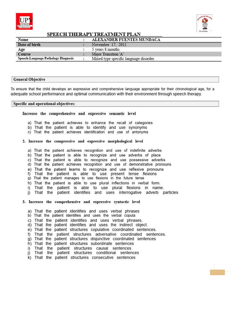 Speech Therapy Plan for Language Disorder | PDF | Syllable | Consonant