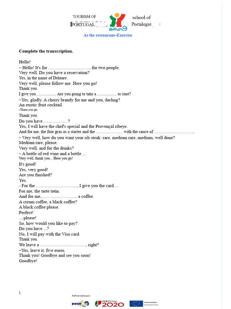 At The Restaurant 1 Listening Comprehension | PDF