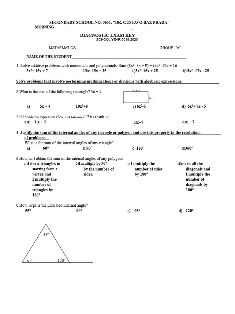 2019-2020 Math Diagnostic Exam Key | PDF | Mathematics | Symmetry