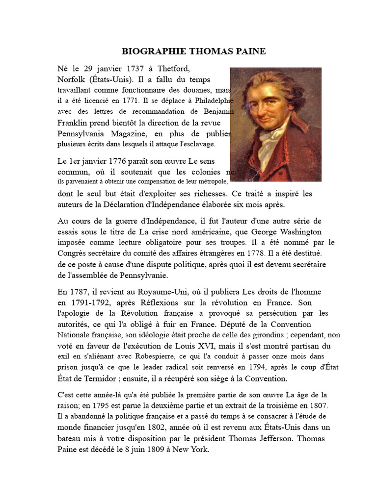 Biographie de Thomas Paine et Franklin | PDF | Déclaration d ...