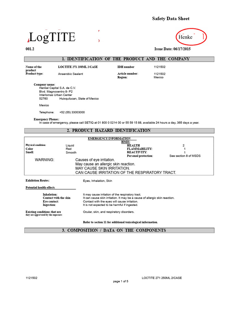 Safety Data Sheet - LOCTITE 271 | PDF | Dangerous Goods | Personal ...