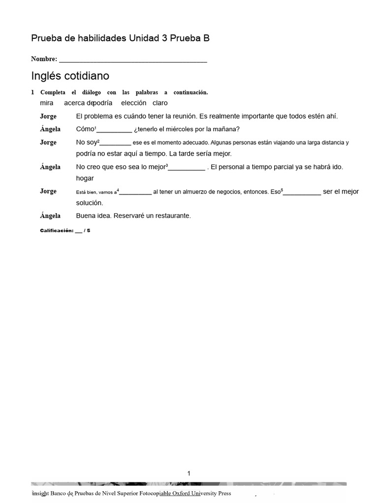 Prueba de Habilidades Unidad 3 Prueba B | PDF
